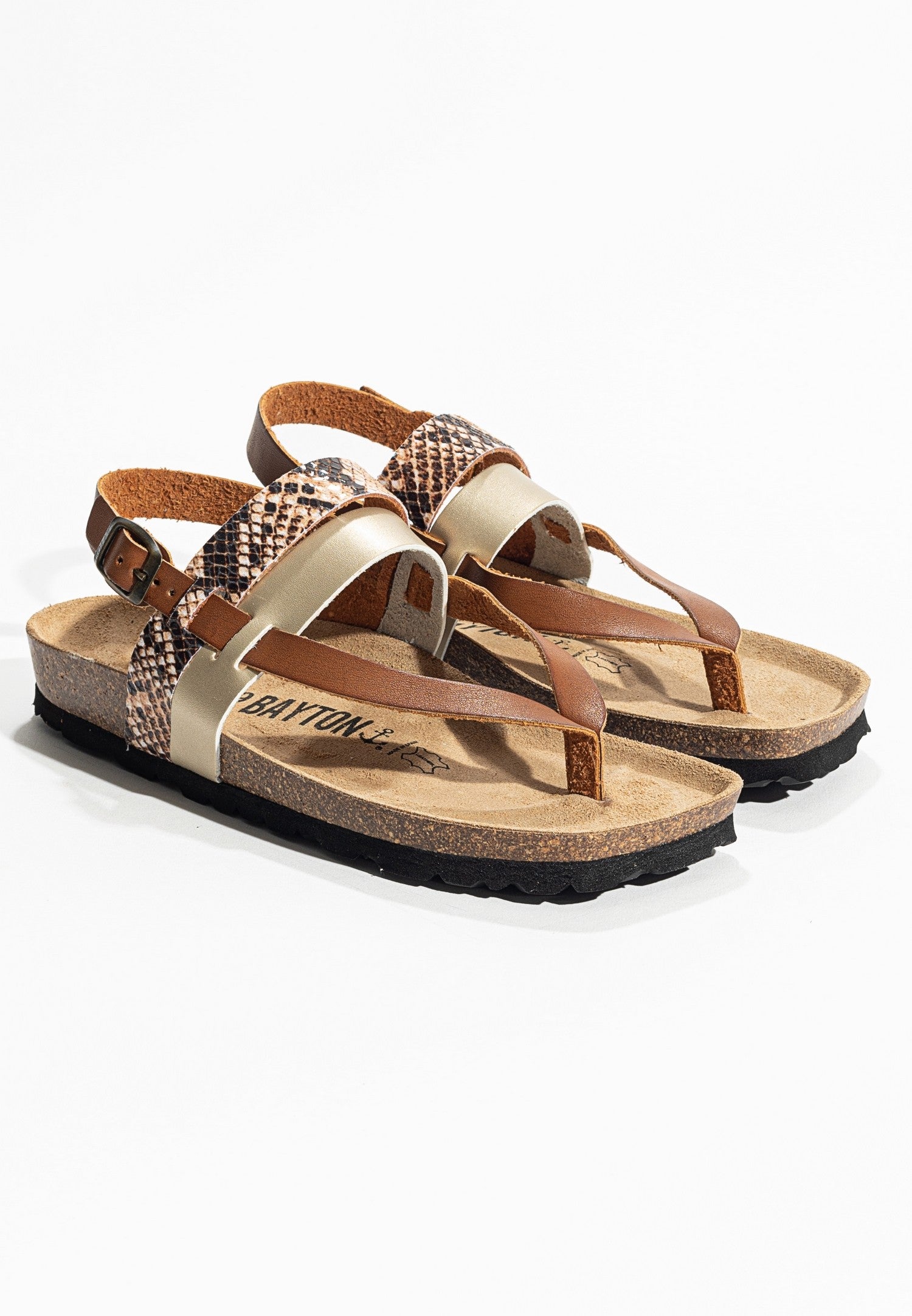 Lajas Camel and Gold and Python Toe Cap Sandals for Women Bayton
